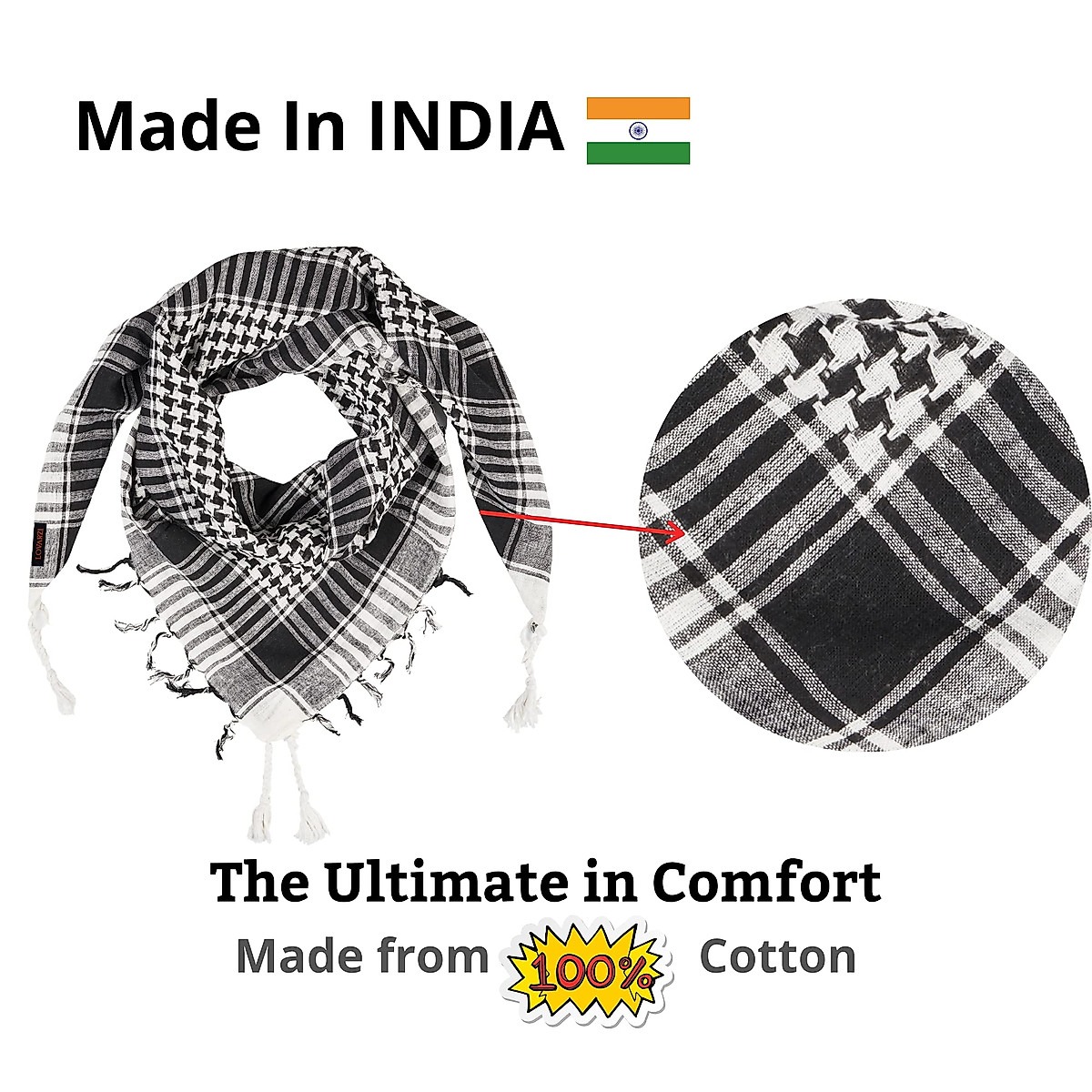 LOVARZI Cotton Shemagh Scarf - Tactical Black & White Arab Palestine Keffiyeh for Men - Lightweight Military Army Scarf