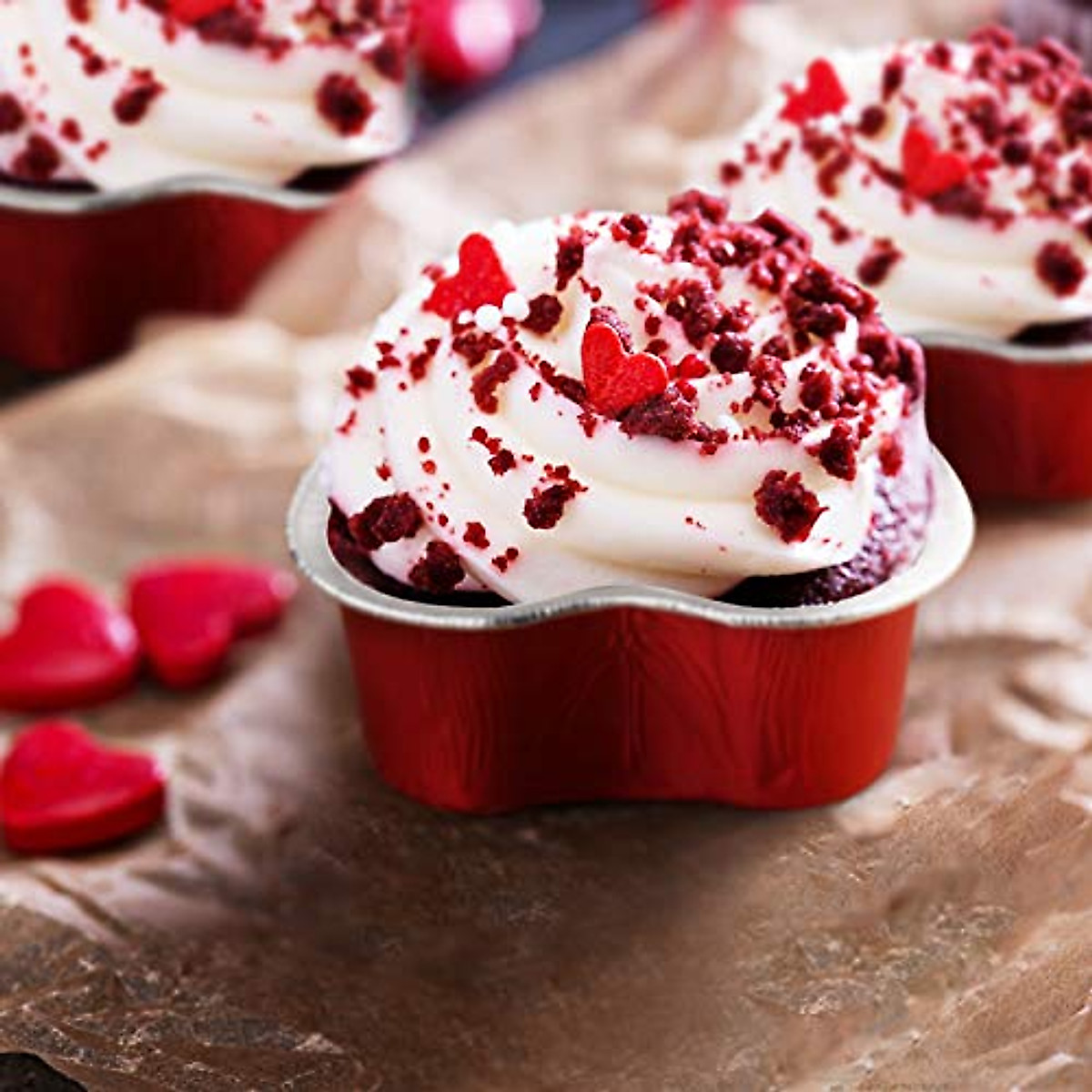 Aluminum Foil Cake Pan Heart Shaped Cupcake Cup with Lids 100 ml/ 3.4 Ounces Disposable Mini Cupcake Cup Flan Baking Cups for Valentine Mother's Day Wedding Xmas Birthday (Red,40 Sets)