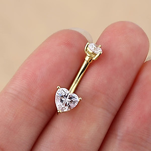 CM Crareesi Mania 14K Solid Gold Belly Rings Heart Cubic Zirconia Belly Button Piercing Rings 14G Yellow Gold Navel Piercing Jewellery Prong Set Navel Rings