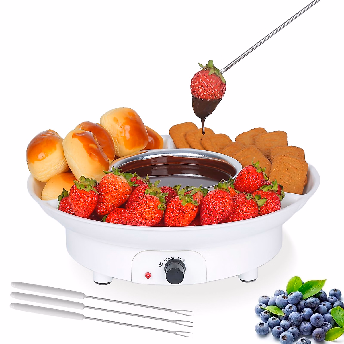 CORJEEJOR Fondue Pot Electric Set For Chocolate and Cheese, Deluxe Fondue Maker with 4 Forks, Removable Serving Tray & Melting/Warming Setting, Perfect for Parties, Gifting, and Date Night
