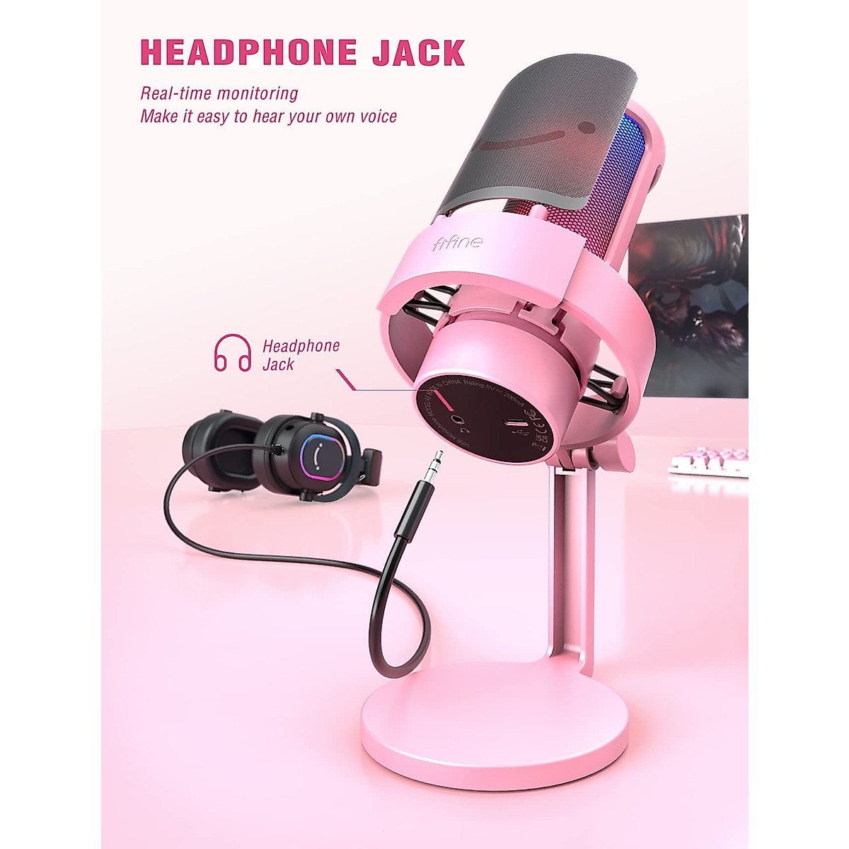 FIFINE USB Streaming Gaming Microphone, PC Condenser Desktop Mic for Video, Home use, YouTube, with RGB Control, Gain Knob, 3.5mm Headphone Jack, Shock Mount, on Computer/PS5-AmpliGame A8 Pink