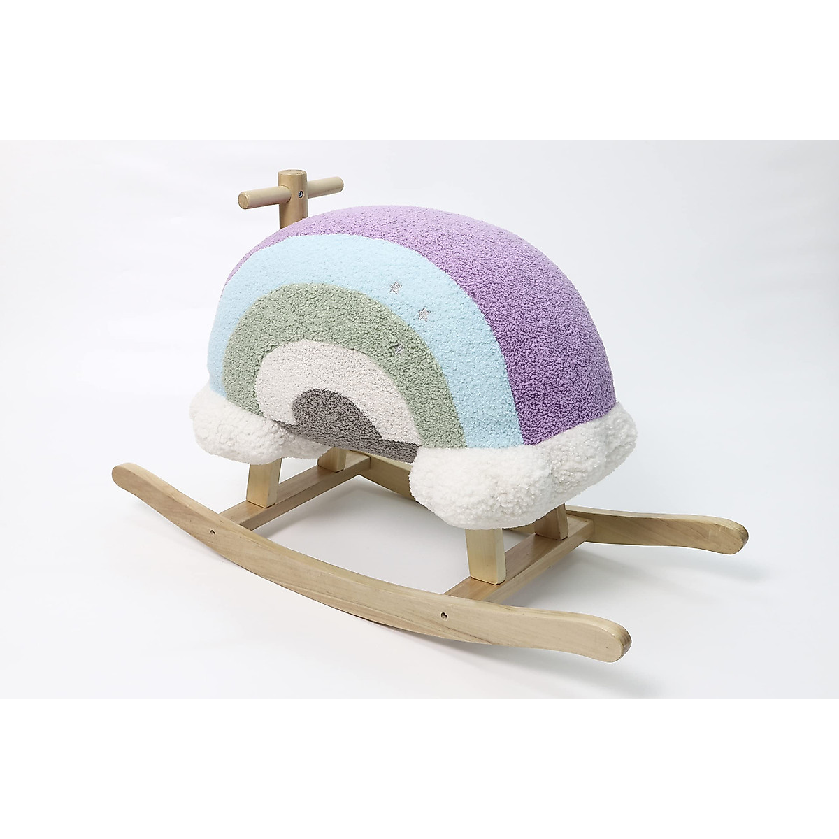 Hopscotch Squad Rainbow Rocker Fully Assembled Natural Wood Rocking Horse with Soft Fleece Multi-Color Puffy Plush Clouds