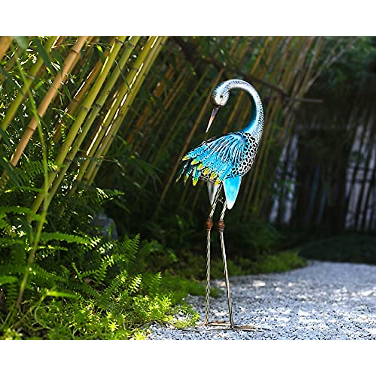 TOMBABY Solar Metal Garden Preening Crane Statue Metal Heron Outdoor Decor, Yard Art Bird Decoy for Backyard Pond