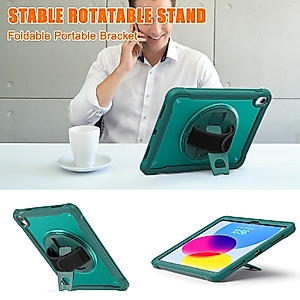 Batianda Case for New iPad 11 2025 A16 Chip/iPad 10th 10.9-inch 2022 Release Heavy Duty Rugged Shockproof Tablet Cover with 360° Rotating Hand Strap Foldable Hidden Stand & Shoulder Strap, Teal