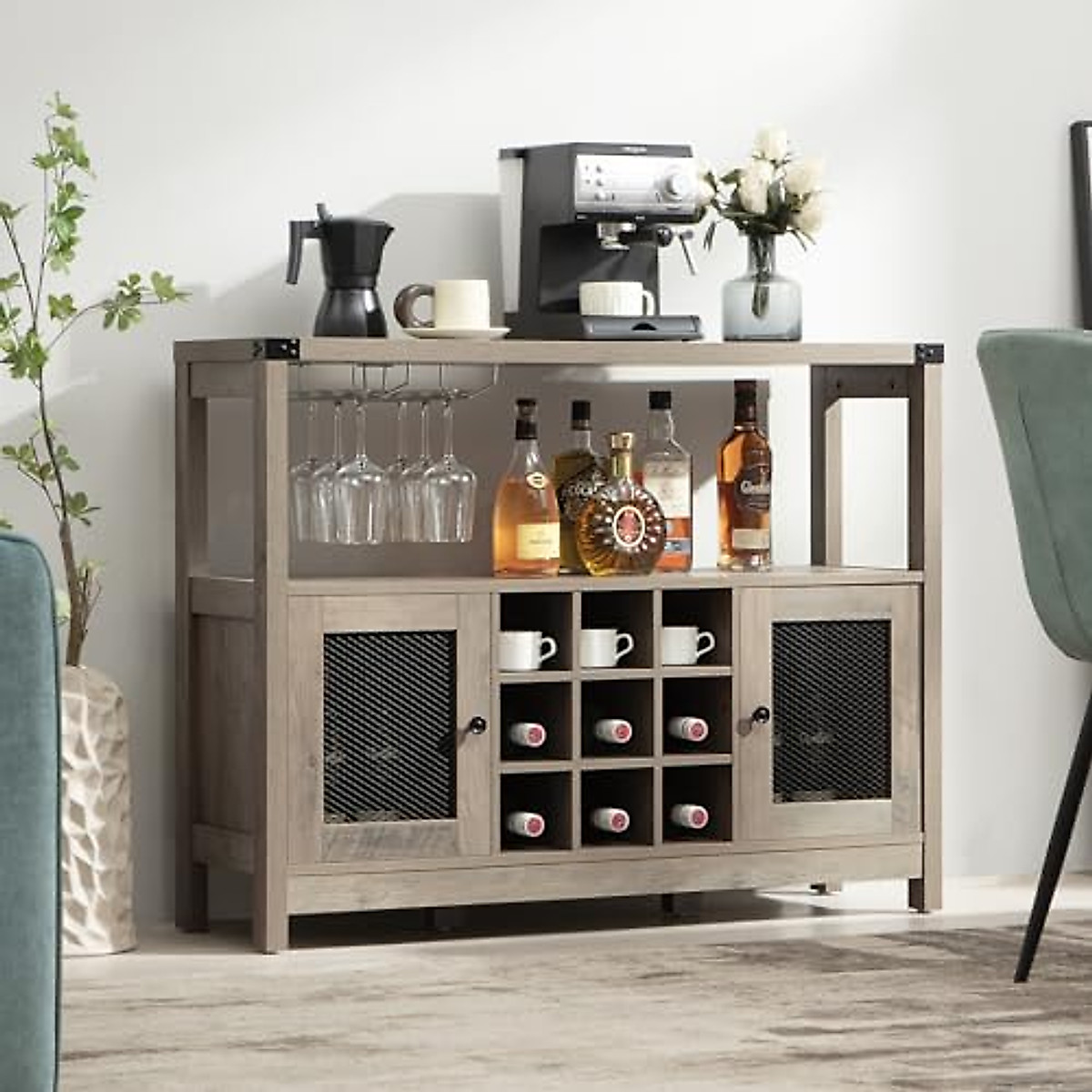 SICOTAS Coffee Bar Cabinet with Storage - Farmhouse Sideboard Buffet Cabinet Wine Cabinet with Wine Rack, Boho Liquor Cabinet for Home, Kitchen Cabinet with Mesh Doors for Dining Room, Oak