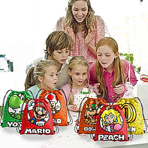 YOPENMOUNE 12 Pieces Mario Candy Drawstring Bag Drawstring Goodie Favor Bags for Boys and Girls Cartoon Birthday Party Decorations
