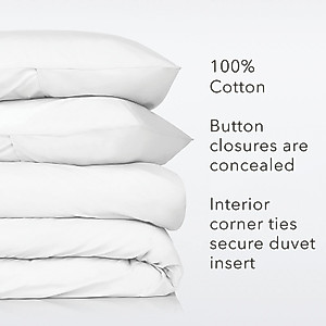 Nate Home by Nate Berkus 200TC 3-Piece Cotton Percale Duvet Cover | Crisp, Cool, Breathable Bedding Set from mDesign - Full/Queen Size - 1 Duvet Cover/2 Pillow Shams, Snow (White)