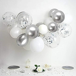 White Silver Confetti Latex Balloons, 50 Pack 12inch Silver Metallic Chrome Party Balloon Set with Silver Ribbon for Wedding Birthday Baby Shower Decorations