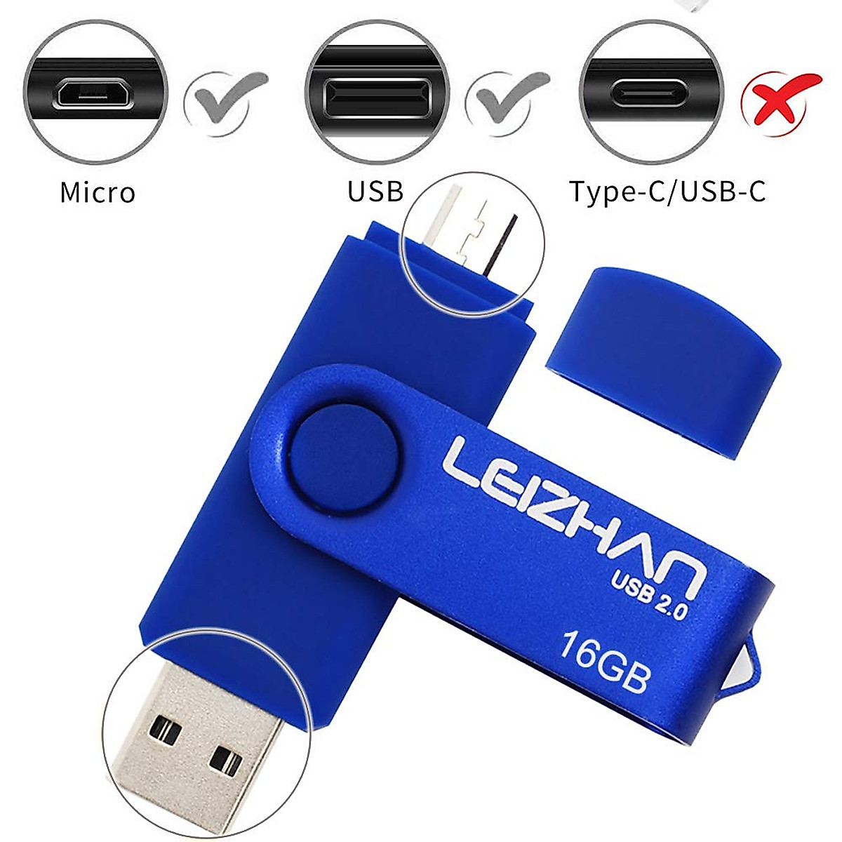 LEIZHAN Micro Flash Drive 128GB USB Drive OTG Micro Android Phone Pendrive Photo Stick USB 2.0 Memory Stick for Samsung Galaxy, Xiaomi,LG,Sony,One-Plus,HTC, Meizu, Blue