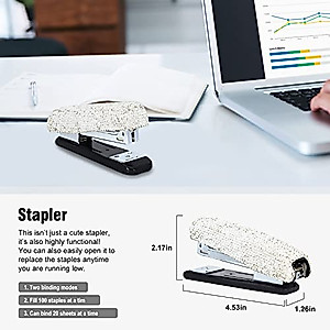 KEYPOWER Bling Crystal Luxury Handmade Diamond Pencil Pen Pot Holder & Stapler & Card Holder & Desktop Tape Dispenser Office Stationery Kit for Fashion Girls Women (White Round)