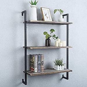 OLDRAINBOW Industrial Metal and Wood Wall Shelf Unit,Rustic Floating Wood Shelves Wall Mounted,24in Iron Real Wood Book Shelves,Hanging Wall Shelves for Bedrooms Office,3 Tier Bookshelf Shelving