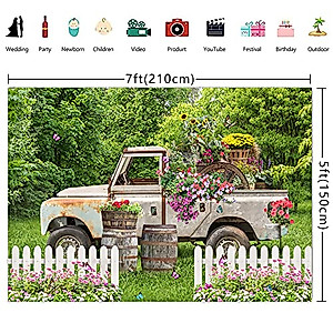 Ticuenicoa 7×5ft Spring Truck Garden Backdrop Secret Garden Grassland Fence Floral Background for Photography Birthday Newborn Party Banner Wall Decorations Photo Props