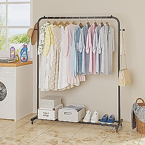 Boeeoan Garment Rack, Freestanding Simple Single Pole Clothes Rack With Wheels, Coat Rack, Multi-functional Rolling Clothing Storage Rack With 2 Hooks for Bedroom, Laundry Room, Living-room, Black