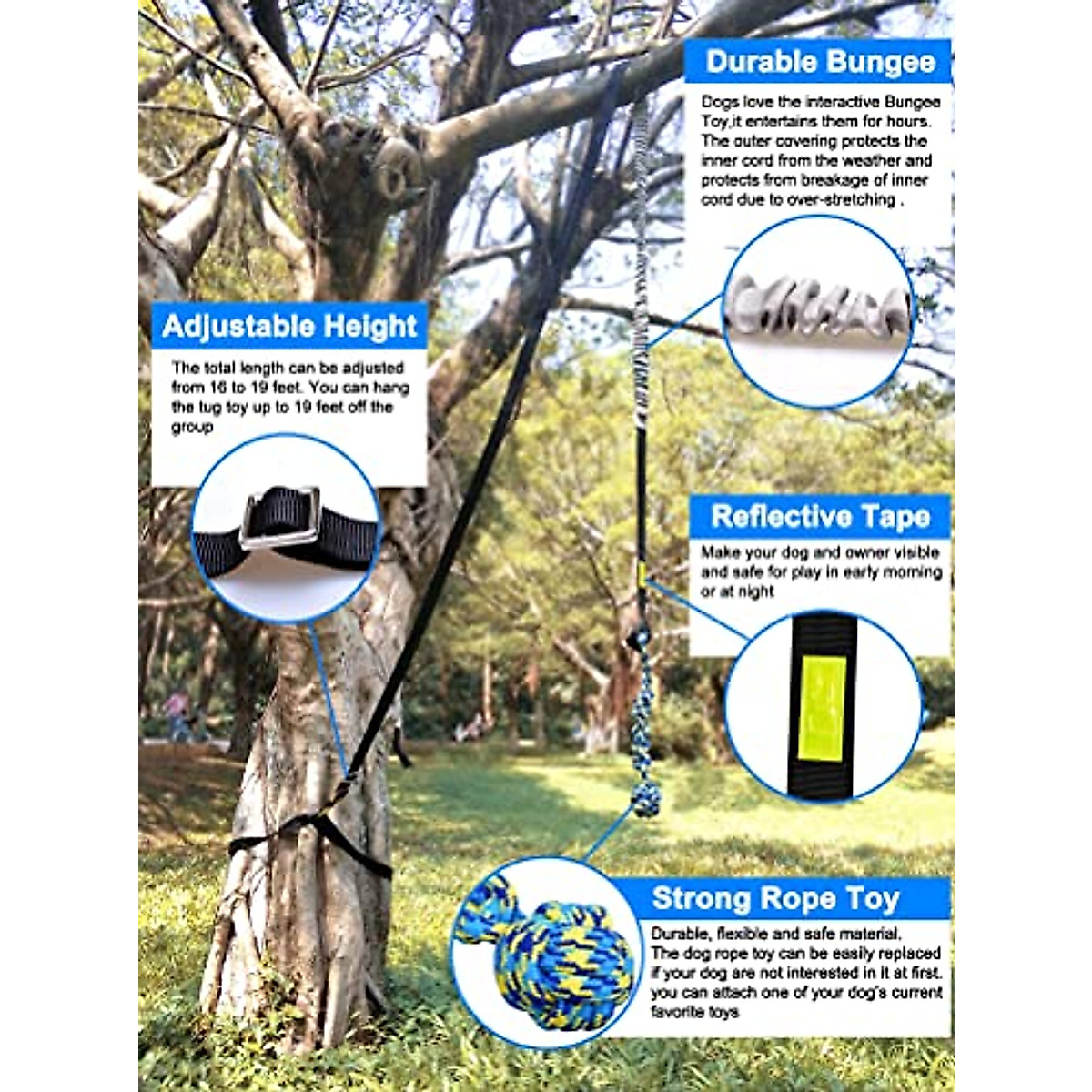 LOOBANI Outdoor Bungee Tug Toy, Dog Toy Hanging from Tree for Small to Large Dogs, Interactive Exercise Play Rope Cord & Tether Tug, Durable Spring Pole Rope for Tug of War, with Chew Rope Toy (Black)