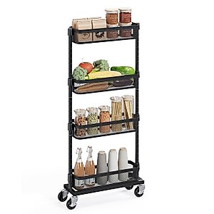 SONGMICS Slim Storage Cart, 4-Tier Metal Rolling Cart with Wheels, Flexible Baskets, Narrow Cart for Kitchen, Bathroom, Laundry Room, Easy Assembly, Black UBSC065B01