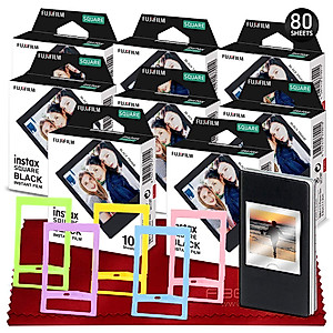 FUJIFILM INSTAX SQUARE Black Instant Film (80 Exposures) with Album, Frames, and Fibertique Microfiber Cleaning Cloth Accessories Bundle for Photographers and Artists