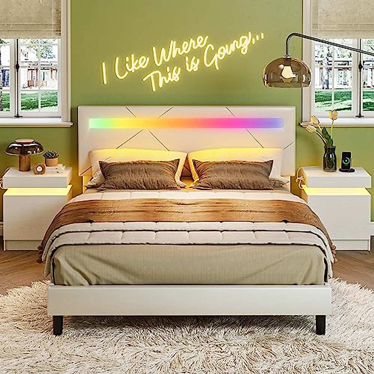 LIKIMIO Queen Bed Frame with LED Lights, Modern PU Leather Upholstered Platform Bed with Headboard, No Box Spring Needed/Noise-Free/Easy Assembly, White