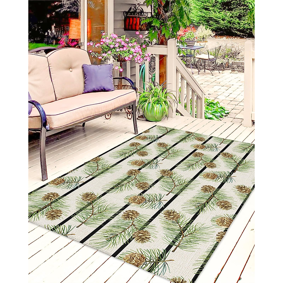 Christmas Outdoor Rugs for 6'x9' Patios Clearance, RV Camping Mat Rug Portable Outside Rug Indoor Outdoor Area Rug Mat for Beach Deck Pool Farmhouse Pine Leaves Cone Stripe