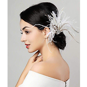 Chmier Bridal 1920s Flapper Feather Hair Clip Pin Crystal White Feather Roaring 20s Headpiece Prom Party Festival Hair Jewelry for Women