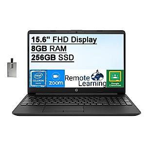 HP 2021 15.6" FHD IPS Laptop Computer, Intel Celeron N4020 Processor, 8GB DDR4 RAM, 256GB SSD, Intel UHD Graphics, 1 Year Office 365, Webcam, HDMI, Bluetooth, Win 10S, Black, 32GB SnowBell USB Card