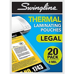 Swingline Laminating Sheets, Thermal Laminating Pouches Legal Size, 3mil, 20 Pack (3202061)