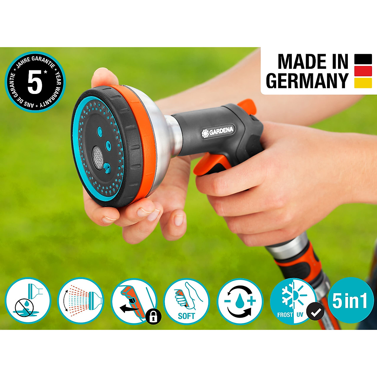 GARDENA 3817M-FP Frost Proof - Premium Metal Multi Sprayer (Five Spray Patterns) + Water Stop