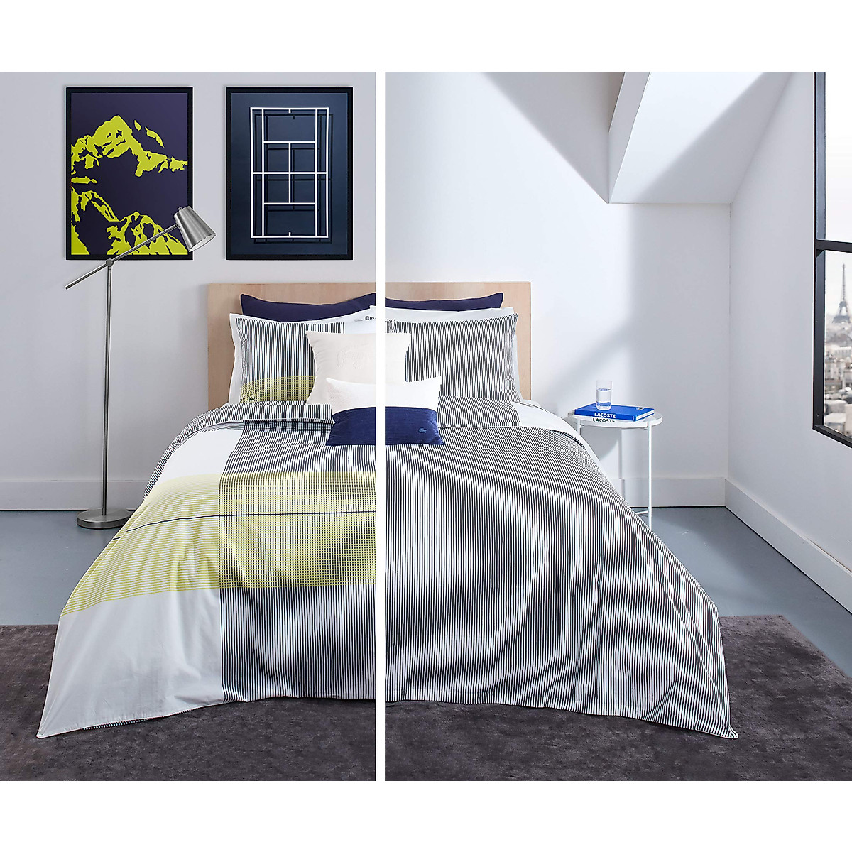 Lacoste Backspin 2- Piece Reversible 100% Cotton Striped Duvet Cover & Sham Set, Twin/Twin XL, Ivory/Blue/Yellow