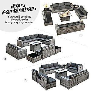 HOOOWOOO Outdoor Patio Furniture Set 13 Pieces Wicker Outdoor Sectional Furniture Set Sectional Patio Conversation Set Modular Outdoor Sofa Set with Gas Fire Pit Table,Coffee Side Table,Black
