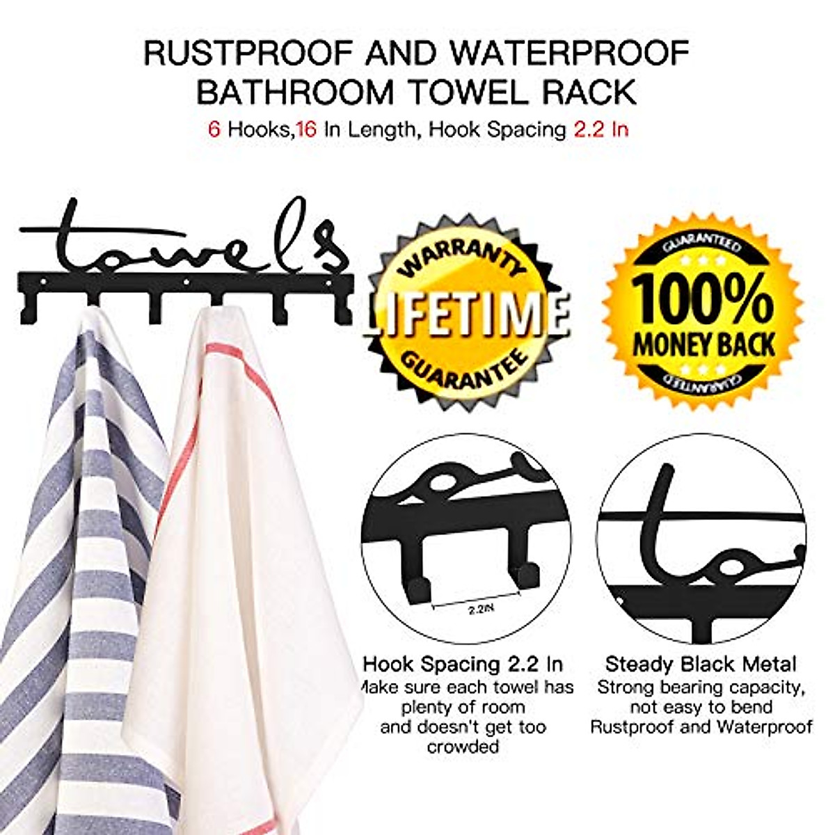 Goutoports Bathroom Towel Rack Wall Mount Towel Holder Kitchen Metal Holder Rack 6 Hooks Hot Tub Accessories Rustproof and Waterproof (Black)