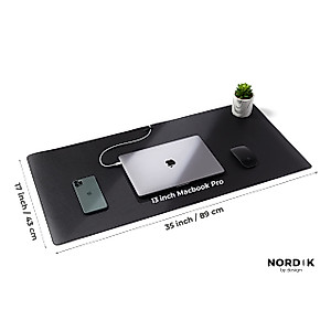 Nordik Leather Desk Mat Cable Organizer (Pebble Black 35 X 17 inch) Premium Extended Mouse Mat for Home Office Accessories - Felt Vegan Large Leather Desk Pad Protector & Desk Blotter Pads Decor