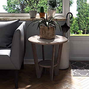 LONYKE Round Farmhouse End Table with Storage Shelf，French Country Grey Accent Table, Dinning or Living Room, Small Spaces, Modern, Vintage Grey Finish