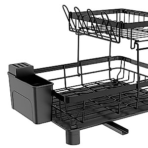 LEAQU Dish Drying Rack,2-Tier Dish Rack for Kitchen Counter, Metal Dish Drainer with DrainBoard,Utensil Holder,Anti-Rust Sink Drying Dish Strainer Rack for Kitchen Black