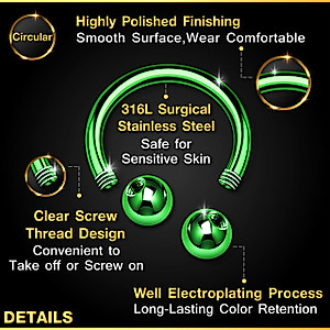 KJM FASHION 4PCS Anodized Green Horseshoe Circular Barbell 16g 1.2mm 3/8 10mm 3mm Ball Lip Rook Earrings Cartilage Piercing Jewelry 7608