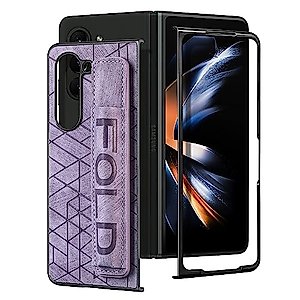 Bizzib for Samsung Galaxy Z Fold 5 Case, Leather TPU Slim Fit Shockproof Full Body Protective Cover with Flexible Grip Strap Compatible with Galaxy Z Fold 5-Purple