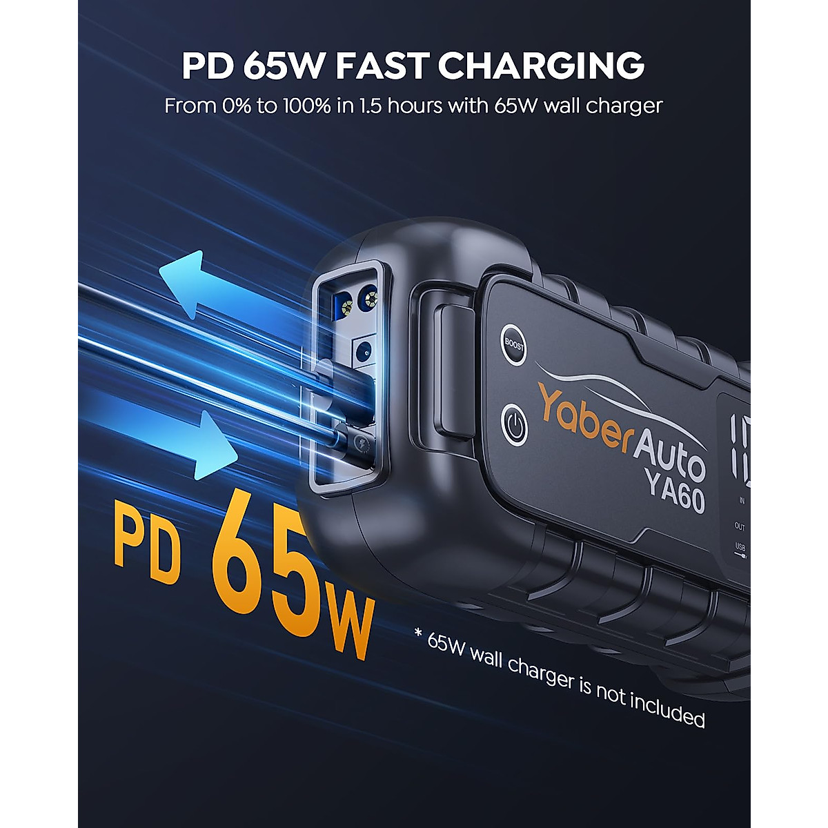 YaberAuto Car Battery Jump Starter 7000A 65W Fast Charging (All Gas/12.0L Diesel) Portable Car Jump Starter Battery Pack, Jump Box Battery Jumper Starter Portable Jumper Cables, 150W DC, 600LM Light