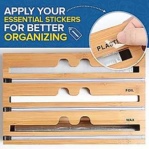 3 in 1 Plastic Wrap Dispenser with Cutter & Labels, Plastic Wrap, Wax Paper & Aluminum Foil Dispenser for Kitchen Storage Organization, Natural Bamboo Roll Organizer Holder for Kitchen Drawer