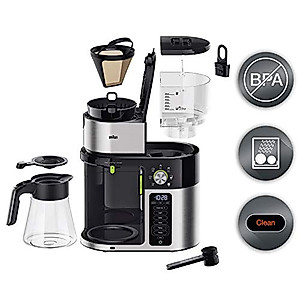 Braun MultiServe Coffee Machine 7 Programmable Brew Sizes / 3 Strengths + Iced Coffee & Hot Water for Tea, Glass Carafe (10-Cup), Stainless/Black, KF9150BK