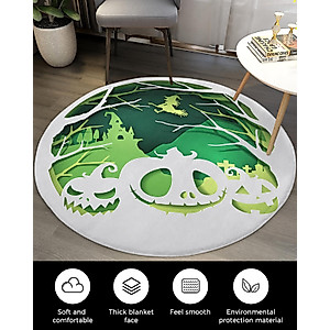 Halloween Fluffy Round Area Rug Carpets 3.3ft, Plush Shaggy Carpet Soft Circular Rugs, Non-Slip Fuzzy Accent Floor Mat for Living Room Bedroom Nursery Home Decor Green Horror Haunted-House Pumpkin
