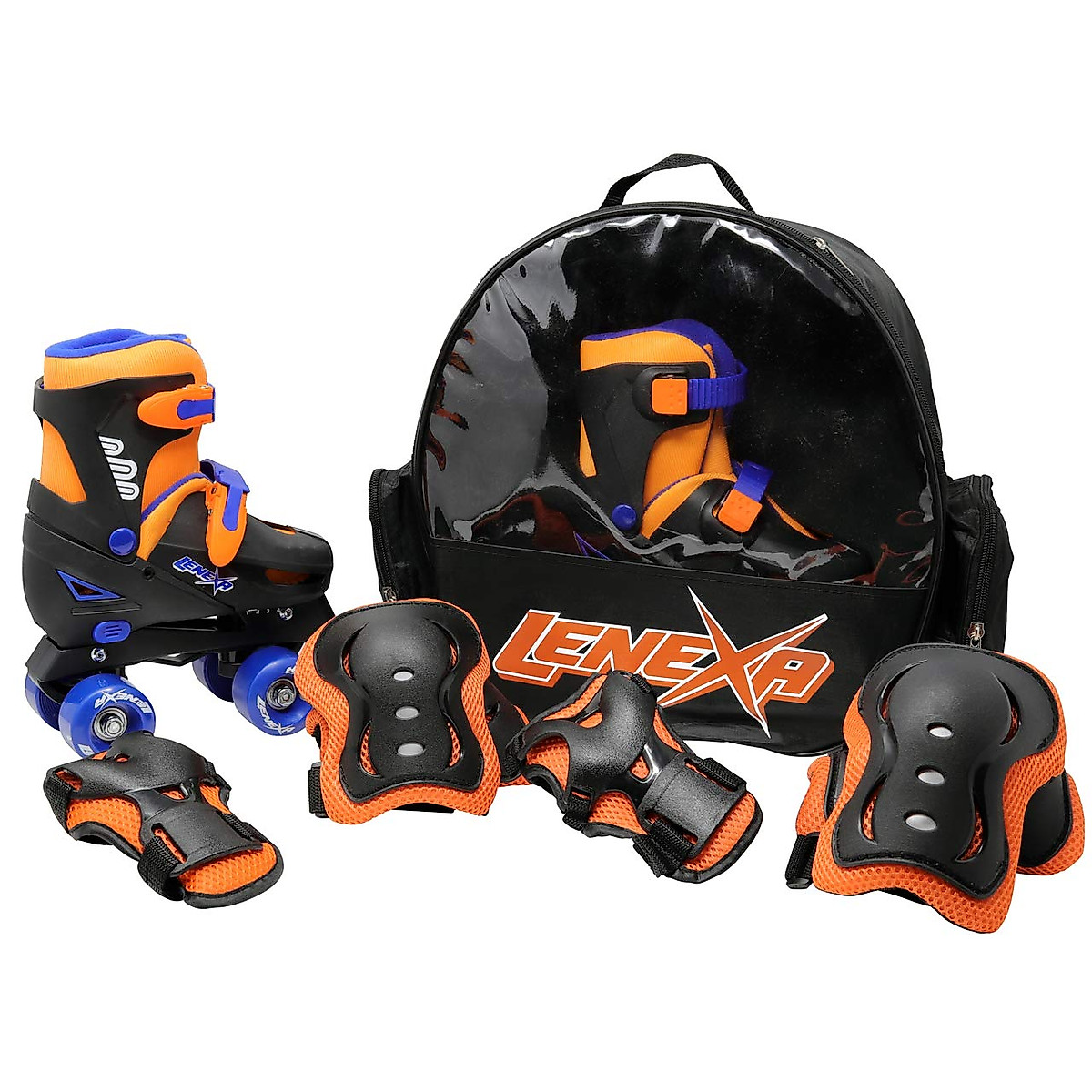 Lenexa Go GRO Adjustable Quad Roller Skate Bundle – Kids Roller Skates with Wrist Guards, Knee Pads, Elbow Pads, and Matching Backpack - Black, Orange, Adjustable Medium (12J to 2)