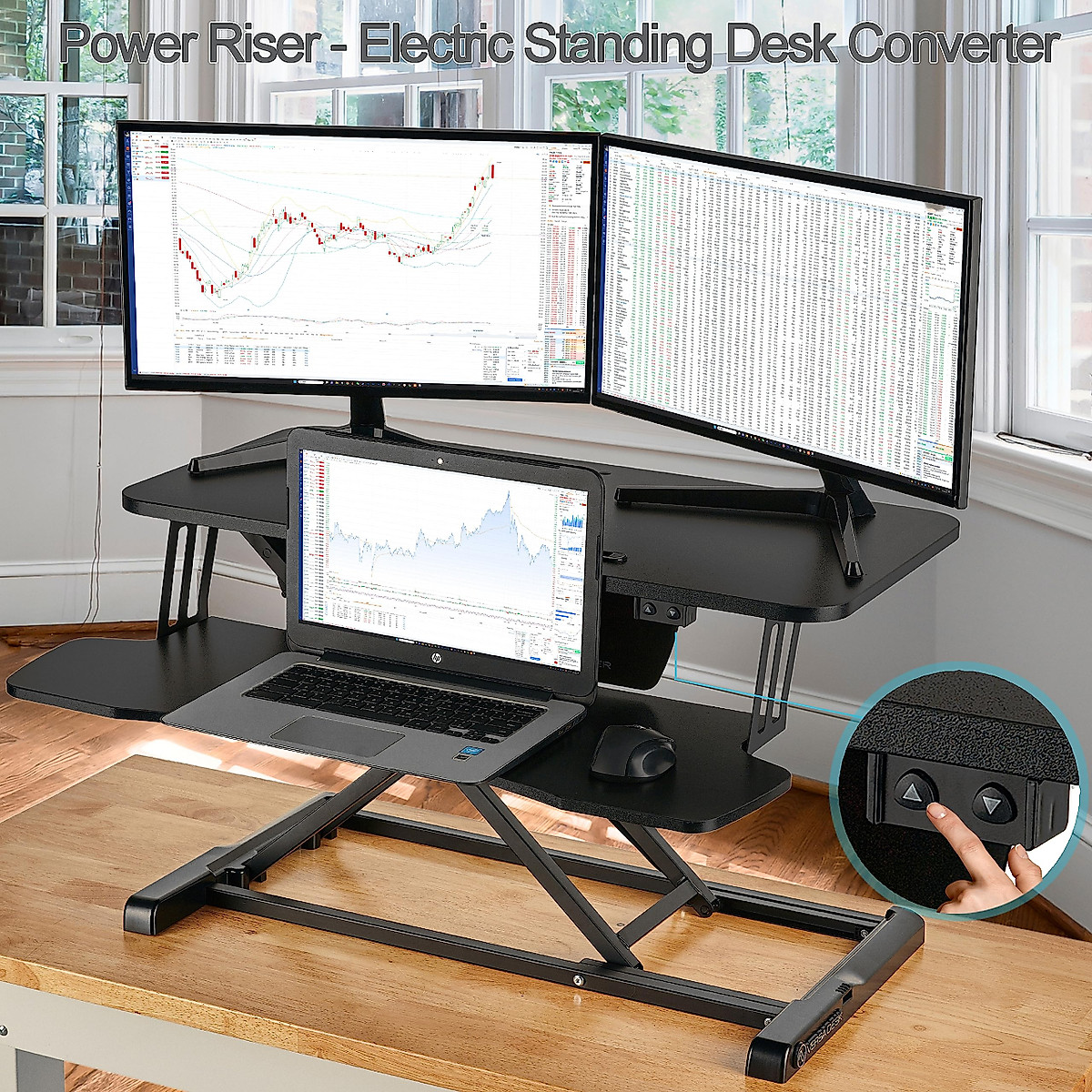 VERSADESK® PowerRiser 32 Inch Electric Standing Desk Converter for Dual Monitor, Laptop Workstation with Wide Keyboard Tray, Height Adjustable Sit to Stand Desk Riser, Black (Black, 32")