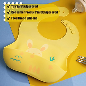 myHomeBody Waterproof Baby Bibs, Baby Bib Catcher, Baby Bib with Food Catcher, Baby Bibs Reusable, Cute Baby Bibs Silicone, Yellow Rabbit, 1pc