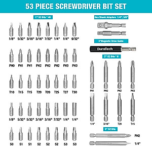 DURATECH 53-Piece Screwdriving Bit Set with Tough Case, S2 Steel Screwdriving Set with 3" Magnetic Drive Guide, 1", 2" & 3" Long Screwdriver Bit Assorted Set for Drill Drivers