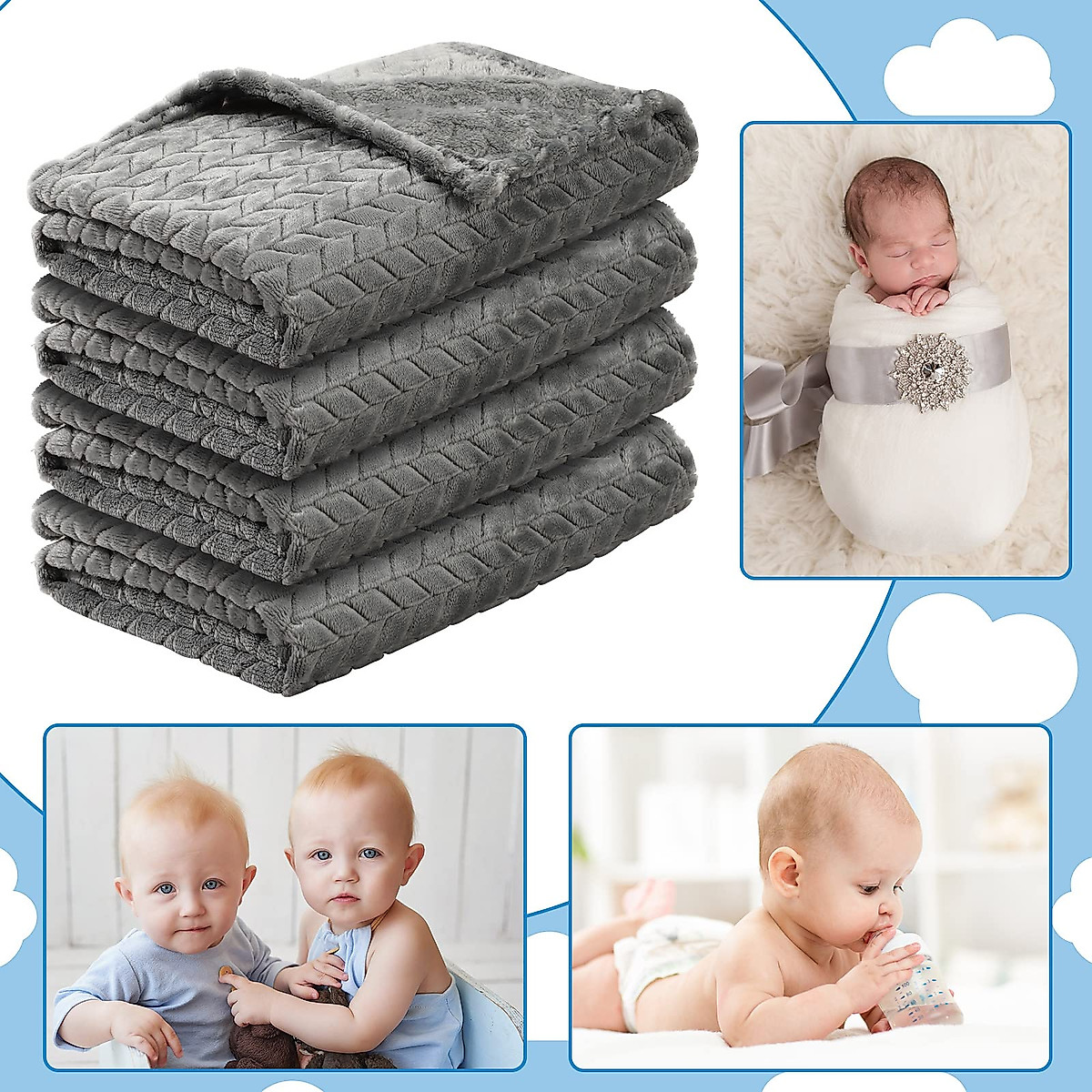 Chumia 4 Pcs Baby Blanket Flannel, Cozy Throw Fuzzy Blanket for Newborn Sherpa Blanket Crib(Light Gray, 24 x 32 Inch)