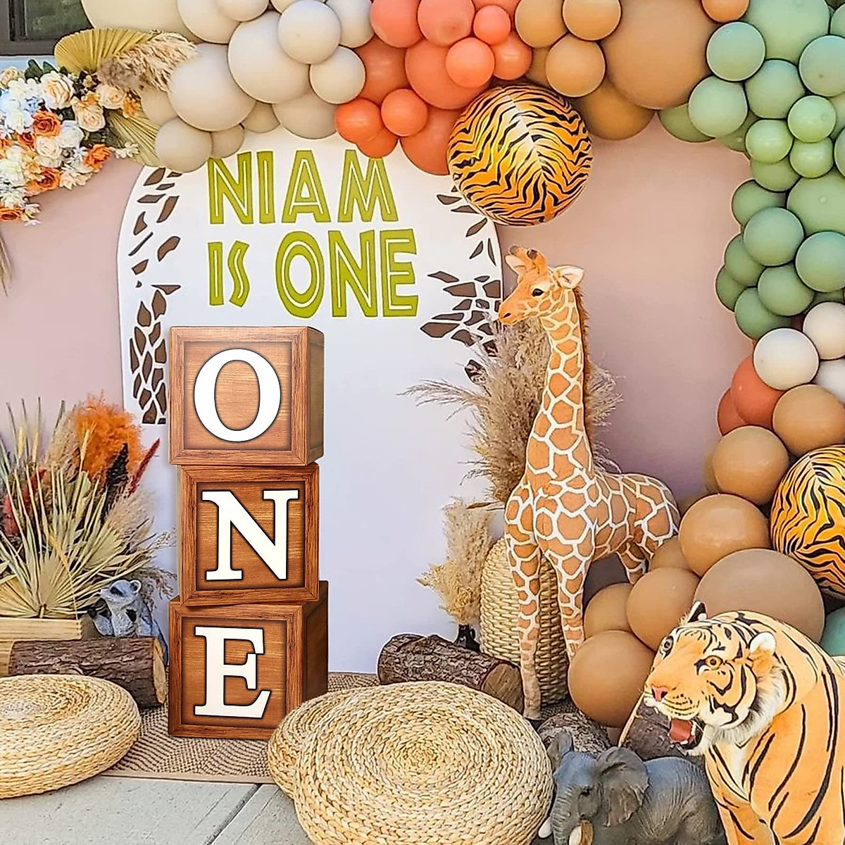 First Birthday Boxes Party Decorations 3 Wood Grain Brown blocks with ONE Letter, Printed Letters,First Birthday Centerpiece Decor, Teddy Bear Baby Shower Supplies, 1 Year Old Birthday Decorations