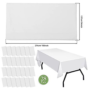 28 Pack Disposable Plastic Tablecloth Rectangle Table Cover 54 x 108 Inches, Disposable Table Clothes for Rectangle Tables Rectangular Plastic Table Cloths for Picnic Camping Party Wedding (White)