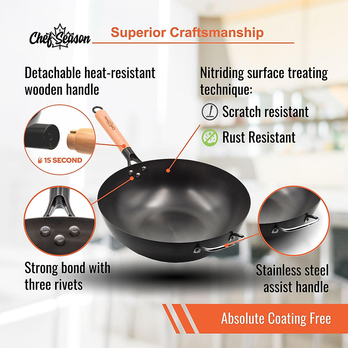 ChefSeason Carbon Steel Wok - 13.4" Flat Bottom Wok for Stir-Frying - Large Uncoated Pre-Seasoned Chinese Wok - fits Electric, Induction, and Gas Cooktops - Free Shopping Bag