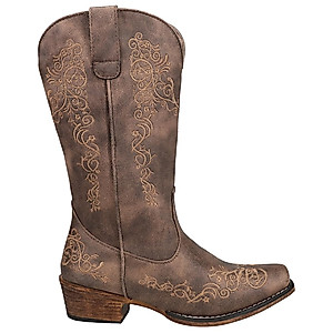 ROPER Womens Riley Scroll Embroidery Snip Toe Casual Boots Mid Calf Low Heel 1-2" - Brown - Size 7 M