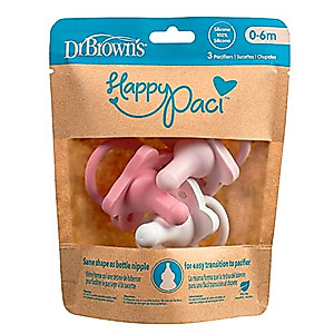 Dr. Brown's HappyPaci 100% Silicone Pacifier 0-6m, BPA Free, White, Pink, Light Pink, 3 Ct