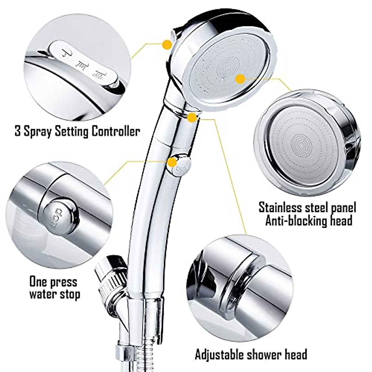Handheld Shower Head with 59Inch Stainless Steel Hose and Adjustable Holder, 360 Degree Rotating Adjustable High Pressure Showerhead with On/Off Switch 3 Spray Modes RV Bathroom Shower Set