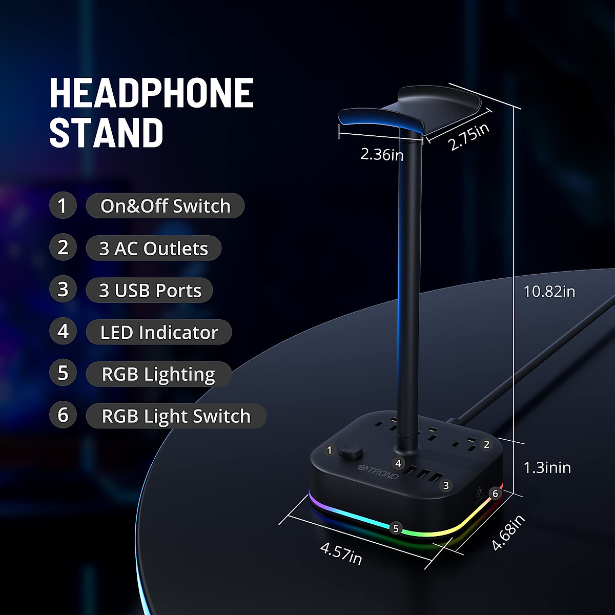 TROND Headphone Stand with USB Charger, Desk Gaming Headset Holder with 3 USB Charging Ports and 3 AC Outlets, RGB Headphone Hanger with 5 Light Modes, for Desk Accessories, Gamer Gifts